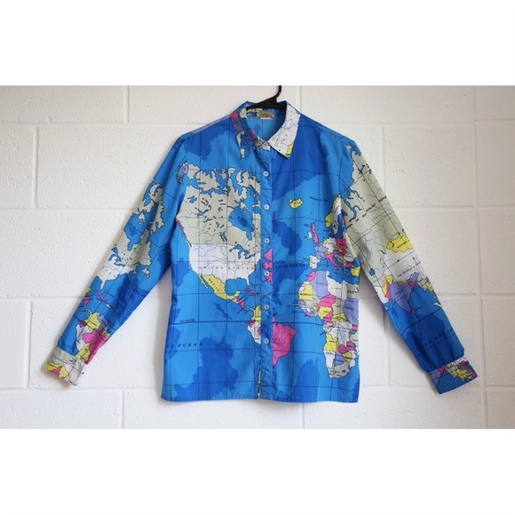 king james california | Tops | Vintage Geography World Map Button Down ...